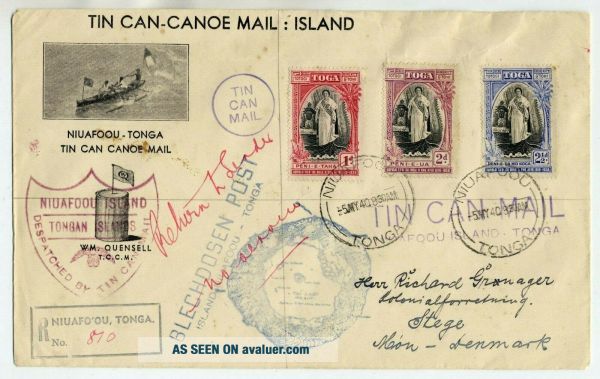TONGA 1940 UNDELIVERABLE TIN CAN MAIL REGD COVER RTS FROM NIUAFOOU TO ...