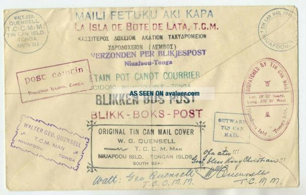 TONGA 1940 UNDELIVERABLE TIN CAN MAIL REGD COVER RTS FROM NIUAFOOU TO ...