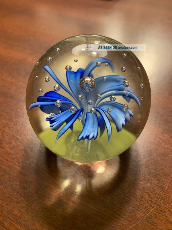 Art Glass Paperweight With Colbolt Blue Flower With Controlled Bubbles ...
