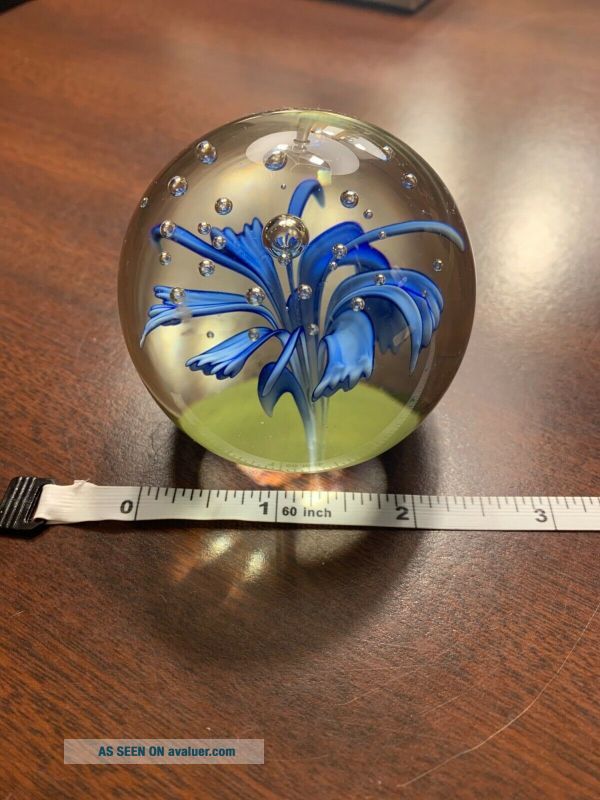 Art Glass Paperweight With Colbolt Blue Flower With Controlled Bubbles ...