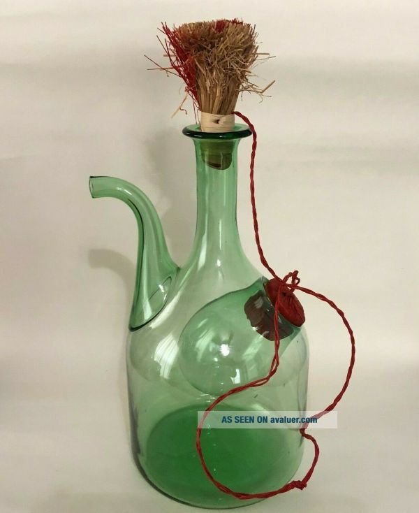 VINTAGE HAND BLOWN ITALY GREEN GLASS WINE BOTTLE DECANTER ICE CHAMBER ...