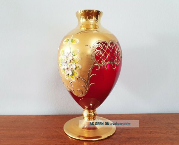 Murano Venetian 18K Gold Ruby Italian Art Glass Paste Flowers Vase Hand ...