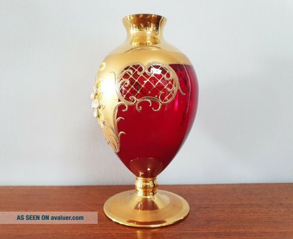 Murano Venetian 18K Gold Ruby Italian Art Glass Paste Flowers Vase Hand ...