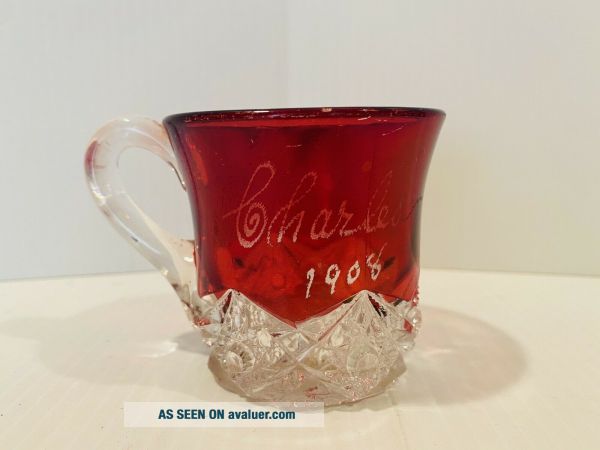 Vintage Red Ruby Flash Glass Handled Cup With Charles 1908 | #34381416
