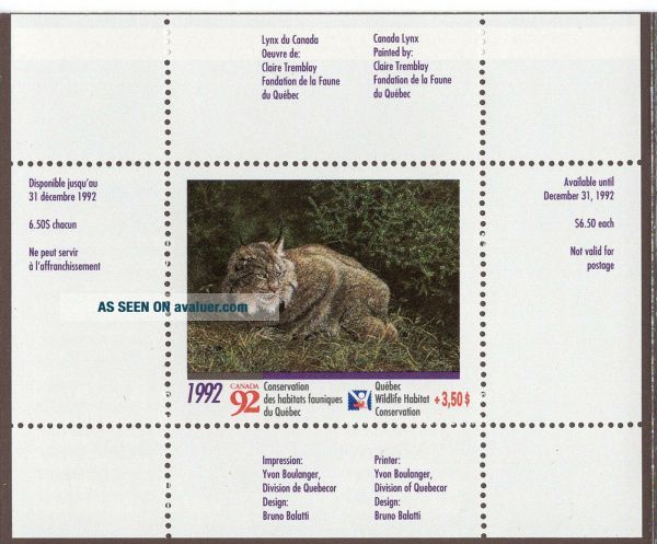 1992 Quebec Canada Duck Stamp Wildlife Habitat Conservation Stamp Lynx ...