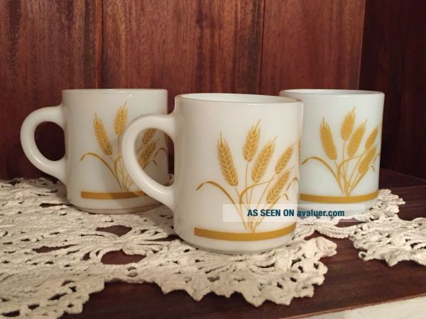 Set Of 3 Vintage Hazel Atlas White Milk Glass Mugs Gold With Wheat ...
