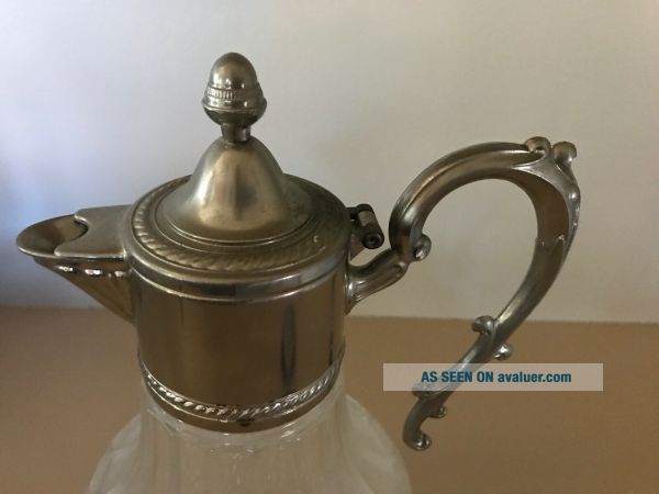 VINTAGE 11” CUT GLASS WINE PITCHER DECANTER WITH SILVER PLATED TOP ...