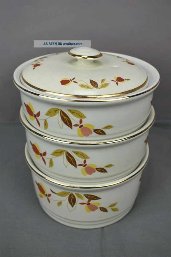 Vtg Hall China Jewel Tea Autumn Leaf 4 Piece Stacking Casserole Dishes ...