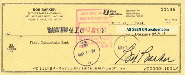 BOB BARKER Hand - Signed VINTAGE CHECK W/ Uacc Rd THE PRICE IS RIGHT ...