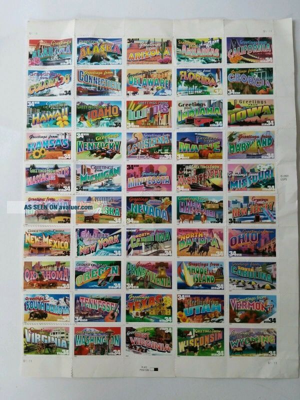 Greetings From America Collector US Postage Stamps All States Sheet Of ...