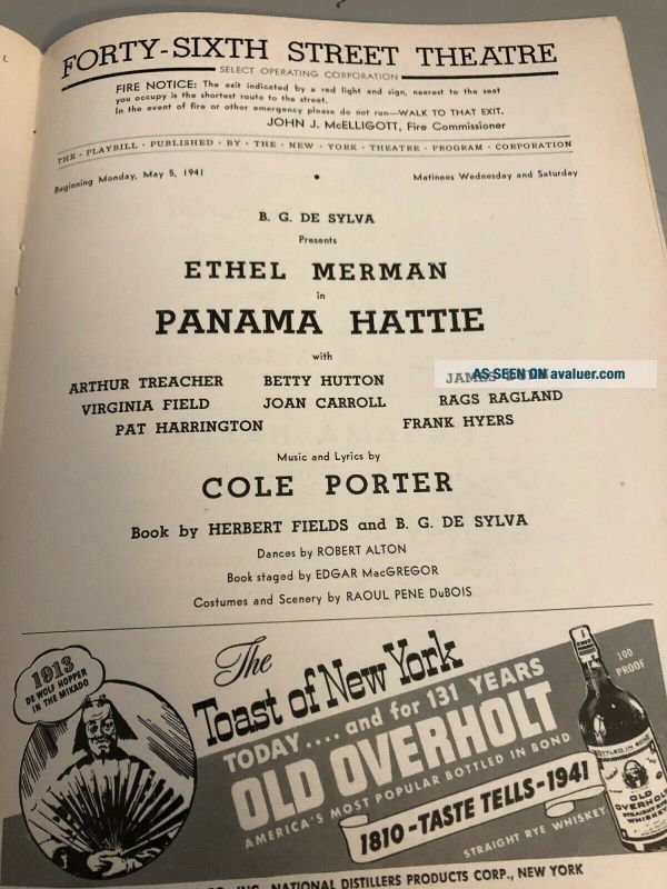 1940s MUSICAL PLAYBILL PANAMA HATTIE ETHEL MERMAN BETTY HUTTON 5/5/41 ...