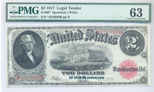1917 $2 Dollar (Fr. 60) United States Legal Tender Large Star Note PMG ...