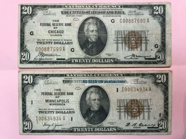 2 1929 $20 Federal Reserve Bank Notes Chicago Minneapolis Brown Seal ...