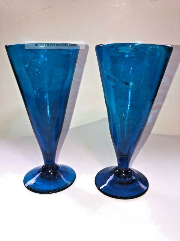 Vintage Electric Blue Hand Blown Glass " V " Shape Goblets Set Of Two 7 ...