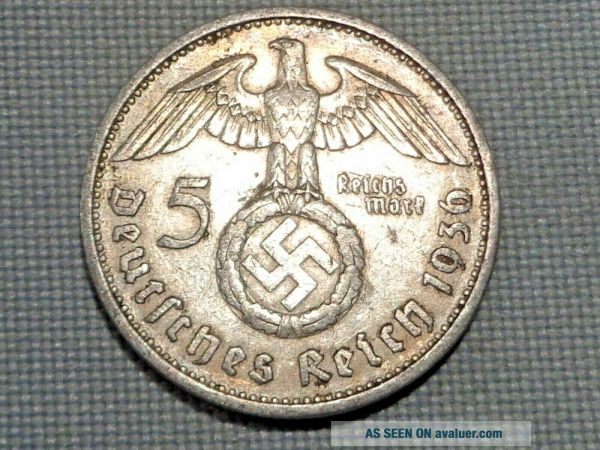 Third Reich Nazi WWII Hitler Silver 1936 A Berlin 5 Reichs Mark ...
