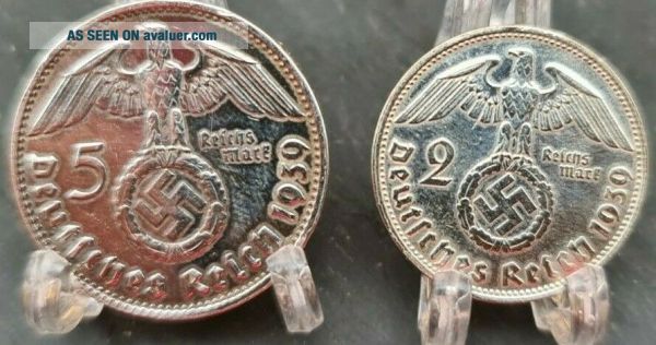 1939 NAZI GERMANY 1x5 F / 1x2 D REICHSMARK - AU/UNC Awesome Silver Coin ...