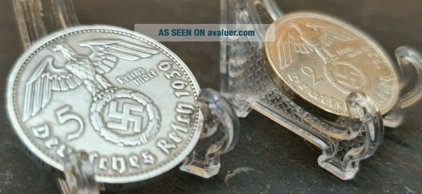 1939 NAZI GERMANY 1x5 F / 1x2 D REICHSMARK - AU/UNC Awesome Silver Coin ...