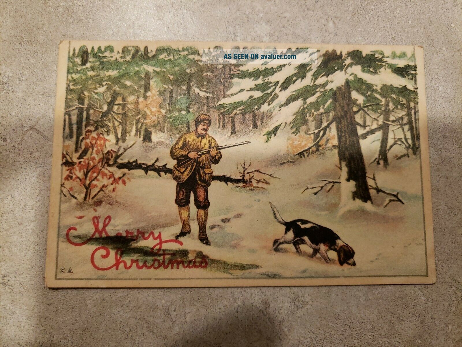 Merry Christmas And Man And Dog Hunting In Forest Vintage Postcard A11 ...