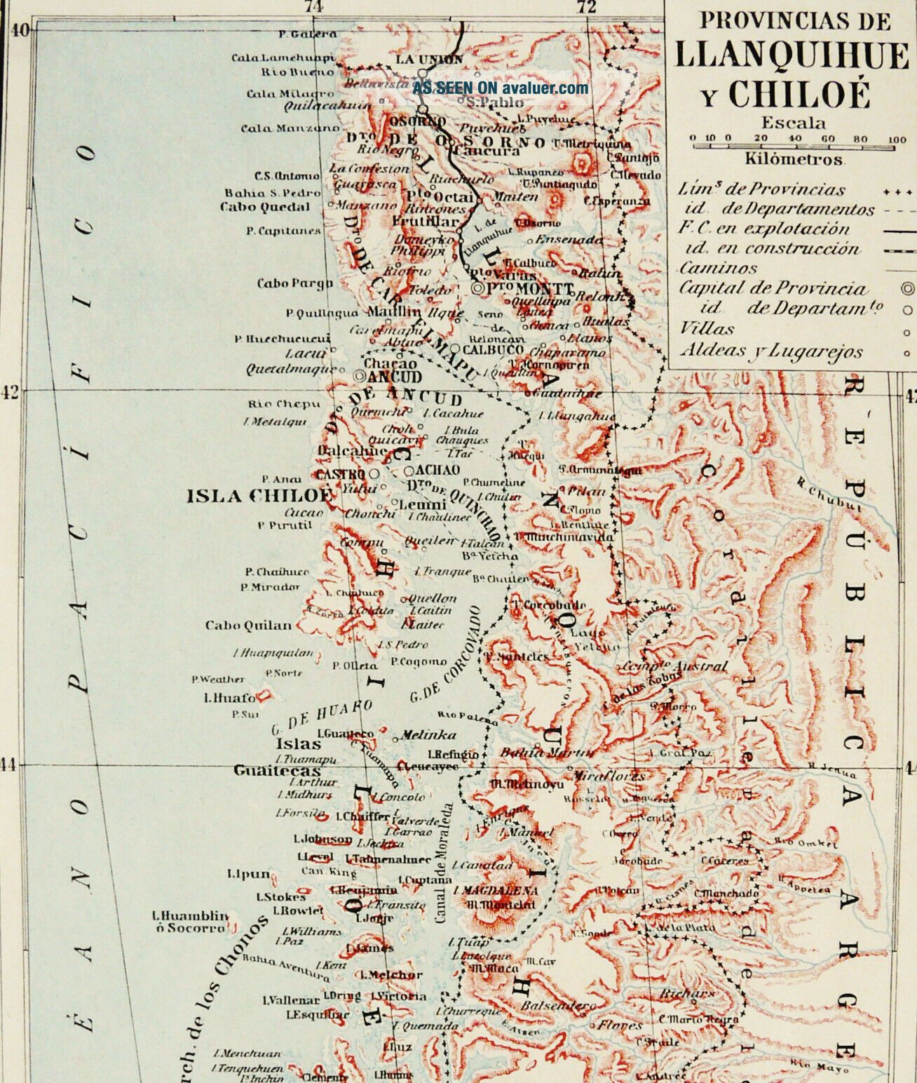 1900 Antique Map Of CHILE: CHILOÉ And LLANQUIHUE. 120 Years Old Map ...