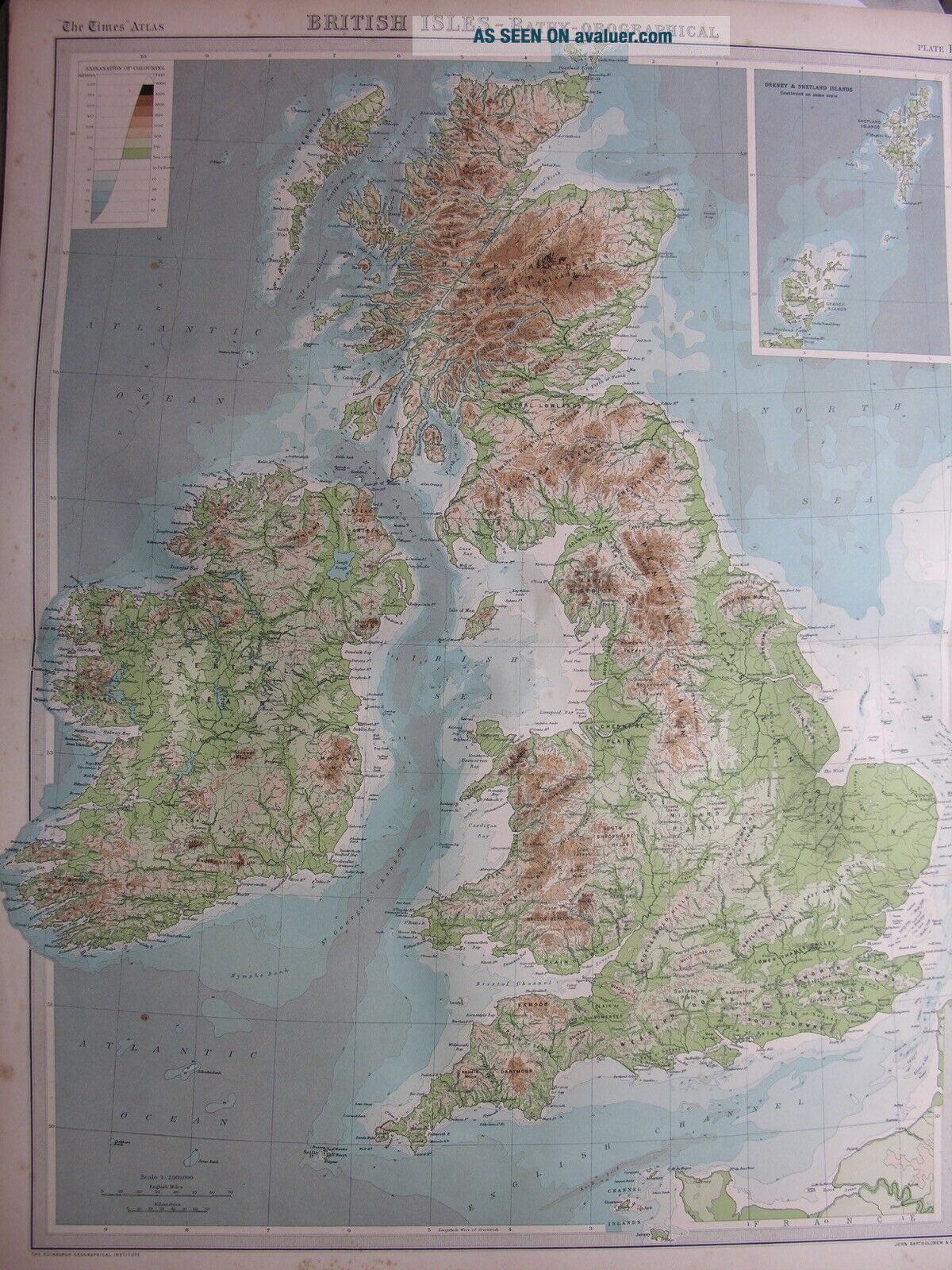 1920 MAP OF BRITISH ISLES - BATHY - OROGRAPHICAL Plate 14 Times Atlas ...
