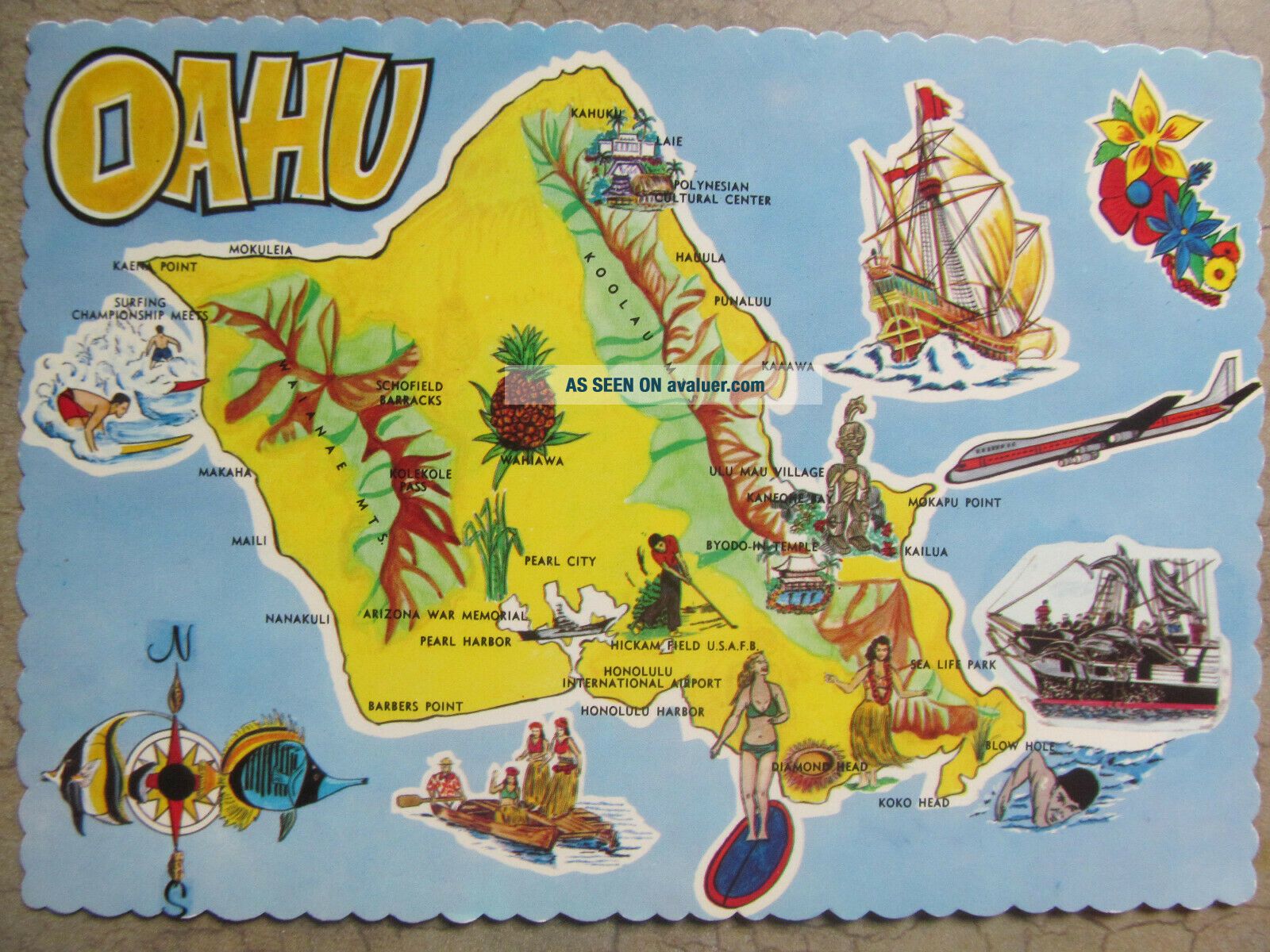Vintage MAP Postcard Colorful Sketch Map Of OAHU, Hawaii | #48242608