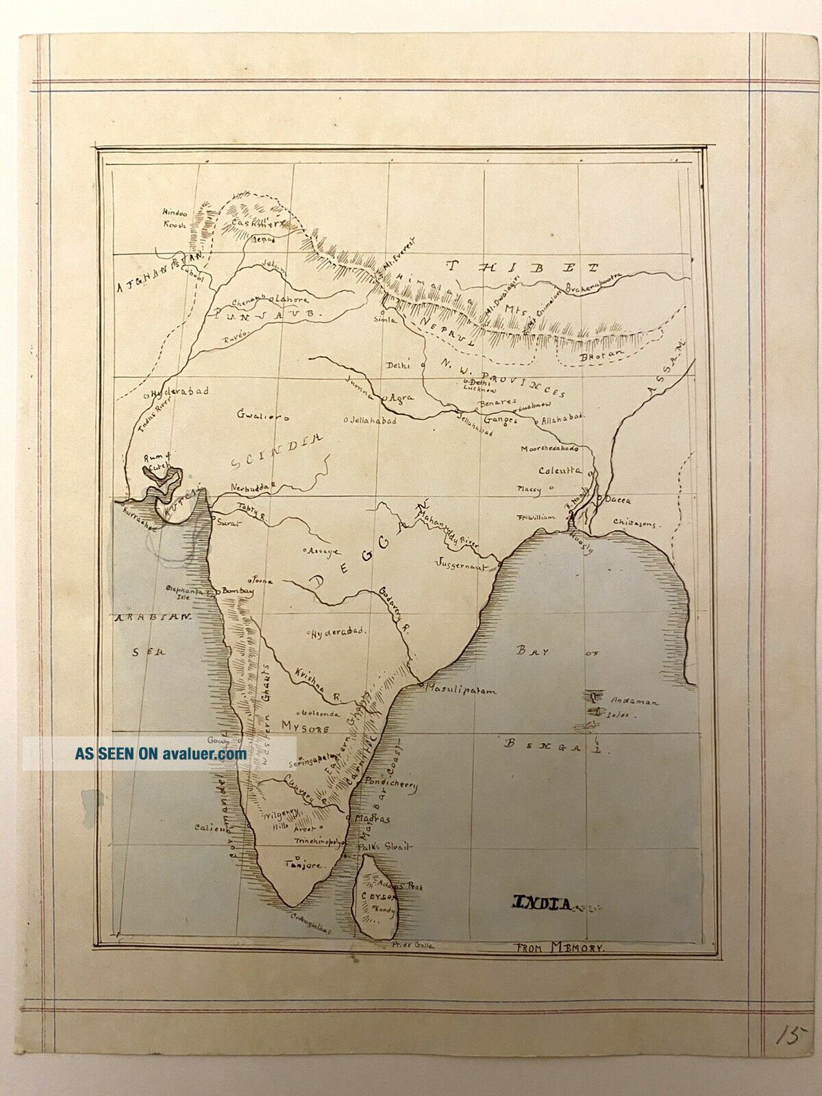 Antique Hand Drawn Map Of India In Pen Ink & Watercolour, 19th Century ...