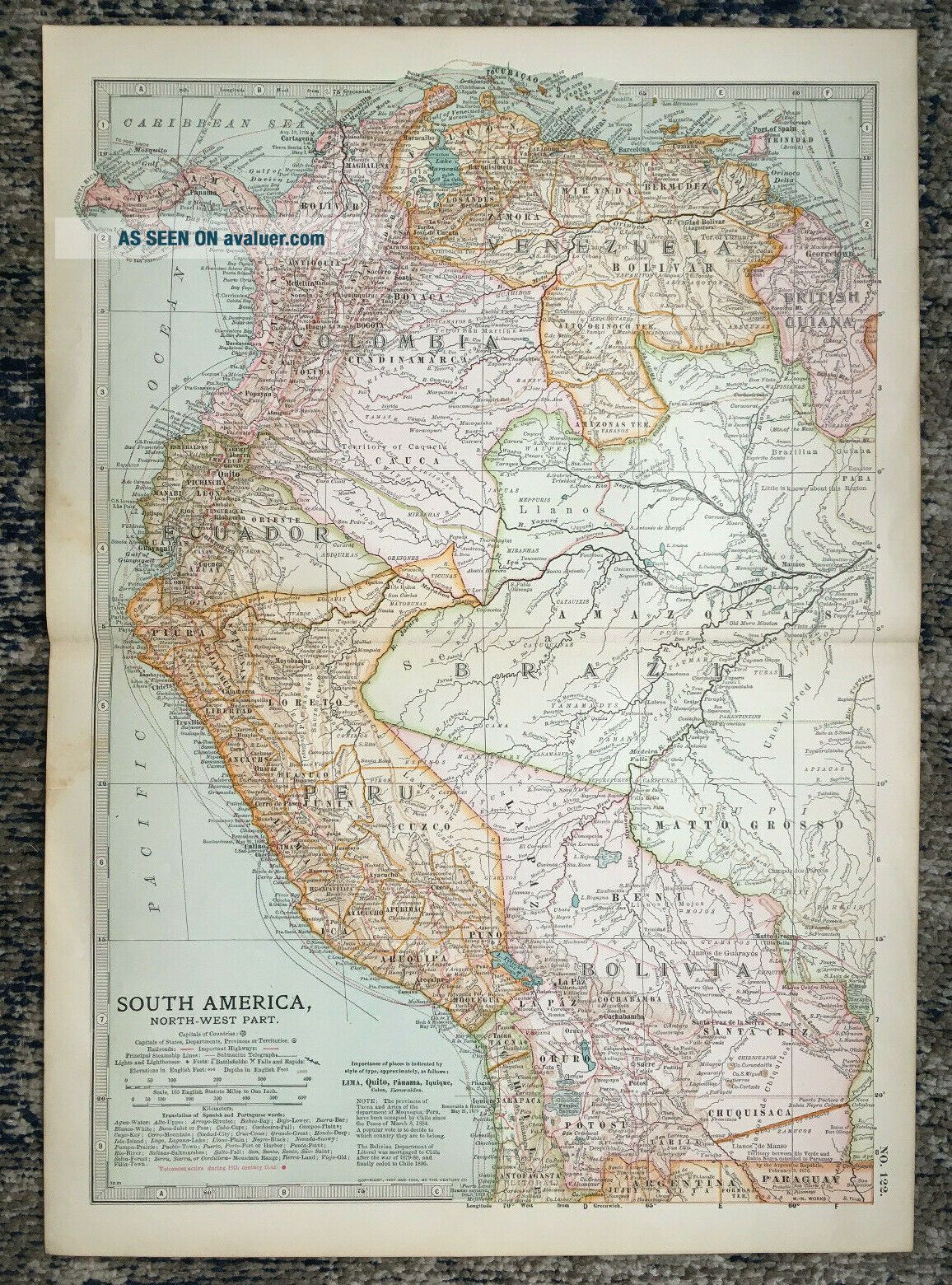 Antique Map Of South America Ecuador Peru Colombia Bolivia Lima Quito ...