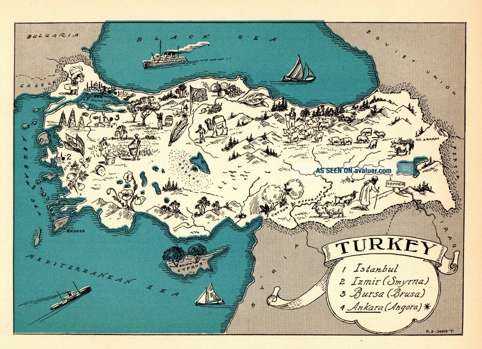 1932 Antique Animated TURKEY Map RARE Cartoon Picture Map Of Turkey BLU ...