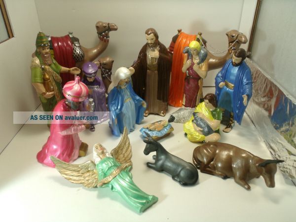 Vtg Holland Mold Ceramic Christmas NATIVITY SET 15 Piece Rhinestones ...
