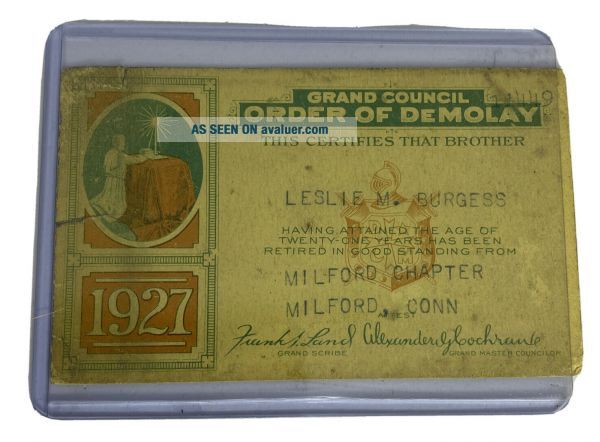 Vintage 1927 Grand Council Order Of De Molay Membership Fraternal Card ...