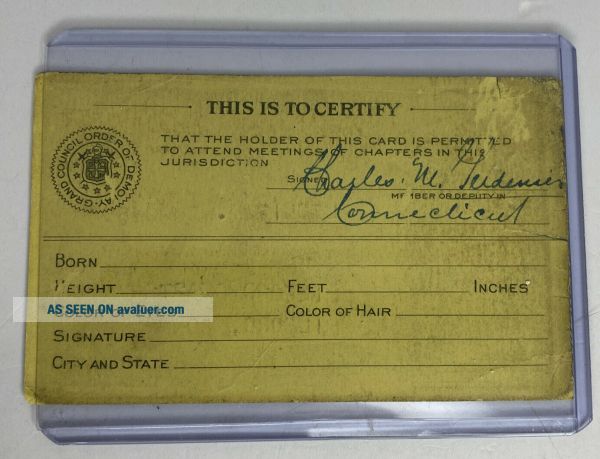 Vintage 1927 Grand Council Order Of De Molay Membership Fraternal Card ...