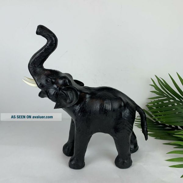 Vintage 14” Tall Leather Wrapped Trunk Up Elephant Animal Statue ...