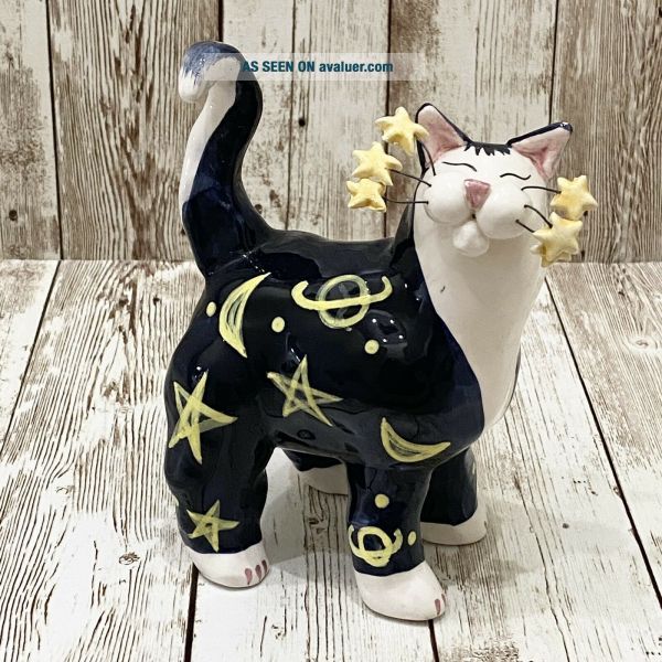 2001 Amy Lacombe Black White Moon & Stars Yellow Stars Whiskers Cat ...