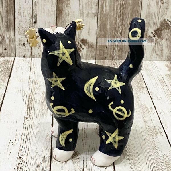 2001 Amy Lacombe Black White Moon & Stars Yellow Stars Whiskers Cat ...
