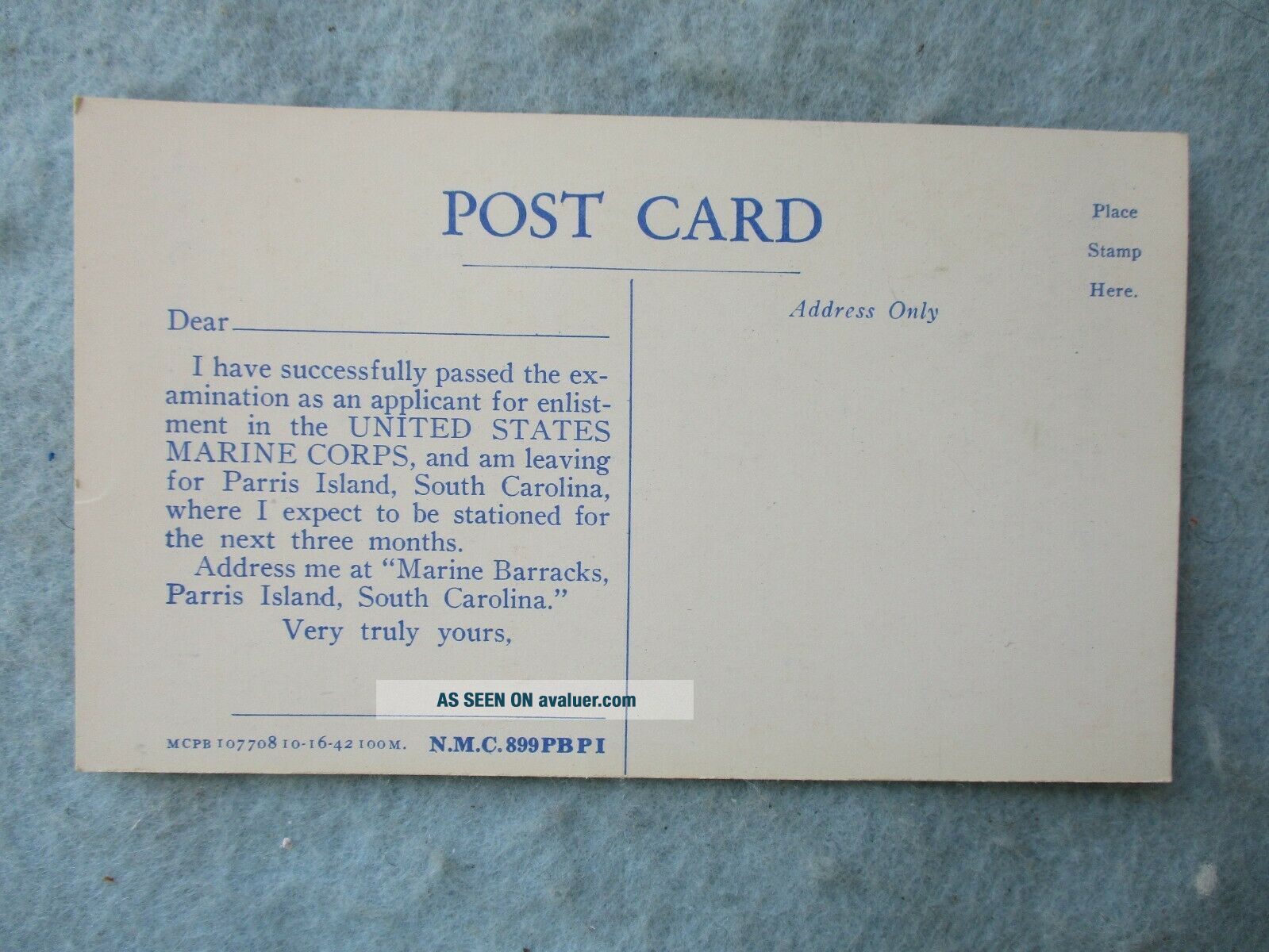 WWII US Marine Corps Post Card Parris Island Boot Recruit USMC Hymn ...