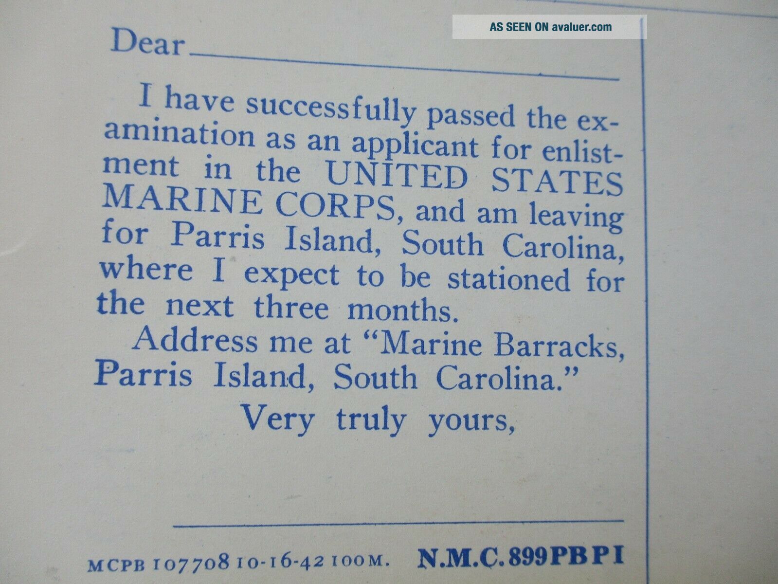 WWII US Marine Corps Post Card Parris Island Boot Recruit USMC Hymn ...
