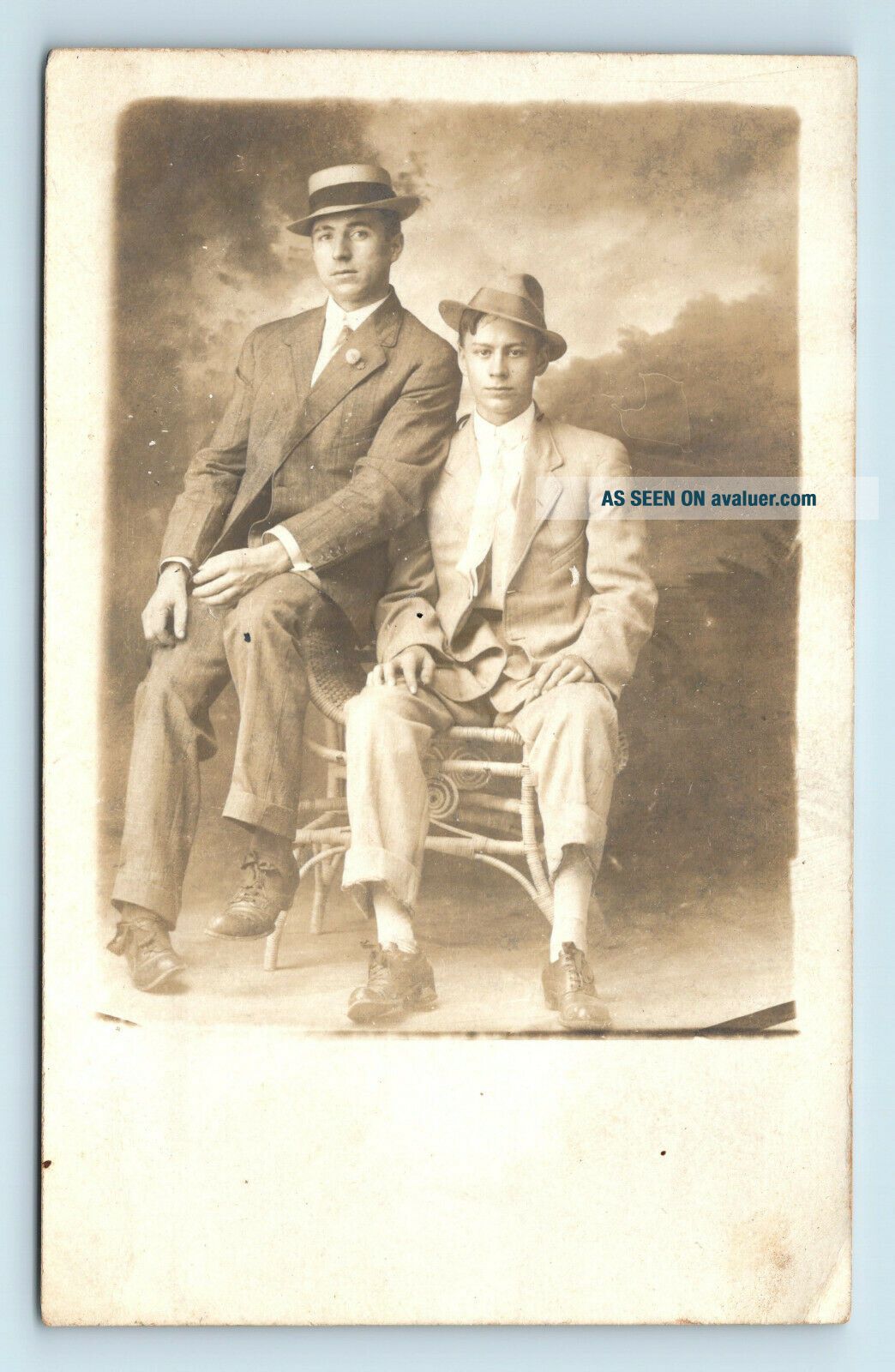1900s STUDIO PORTRAIT PHOTO RPPC DAPPER MEN IN SUITS PAINTED CLOUD ...