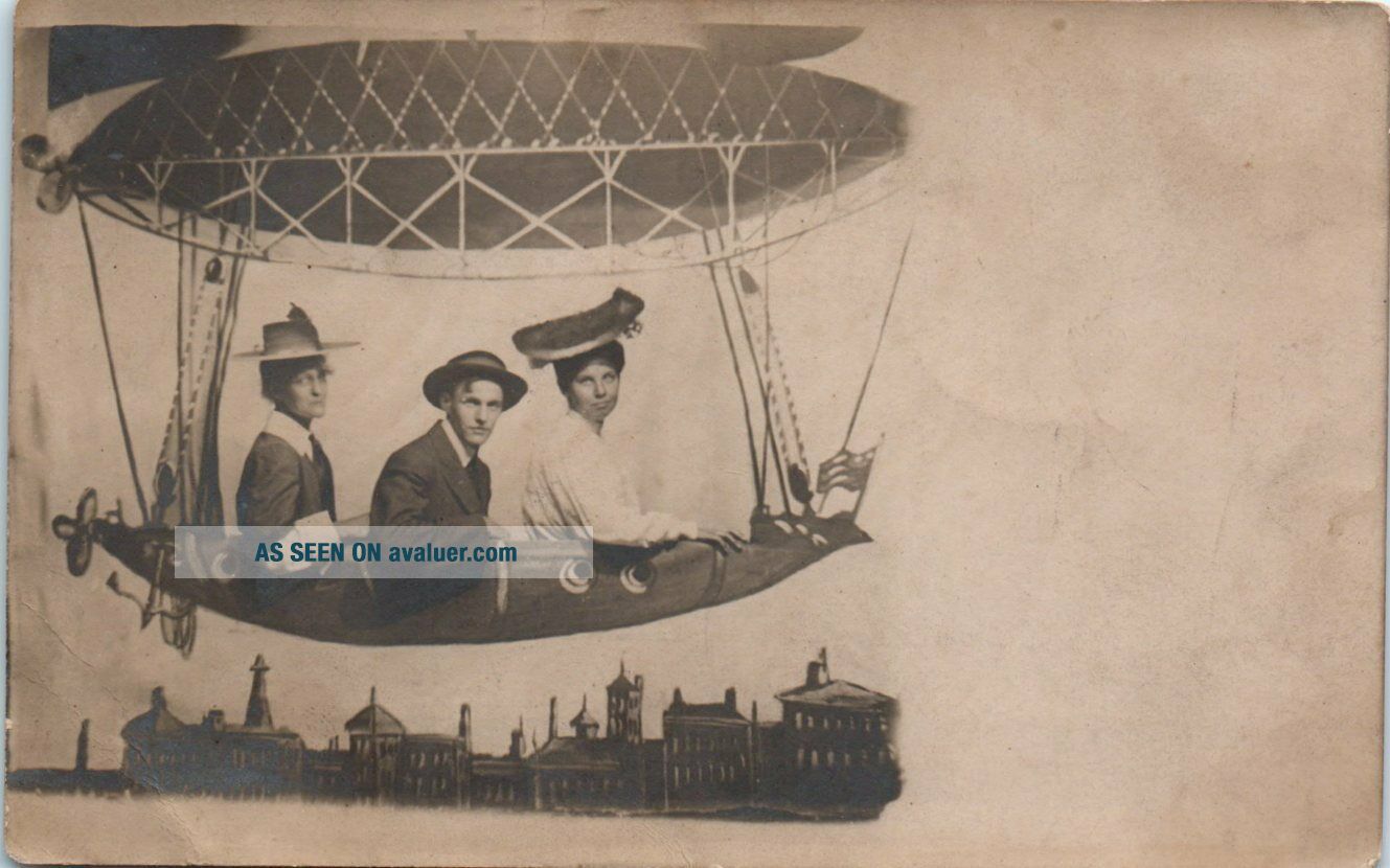 1900s RPPC Real Photo Postcard In A Blimp City Studio Flying Machine 2 ...