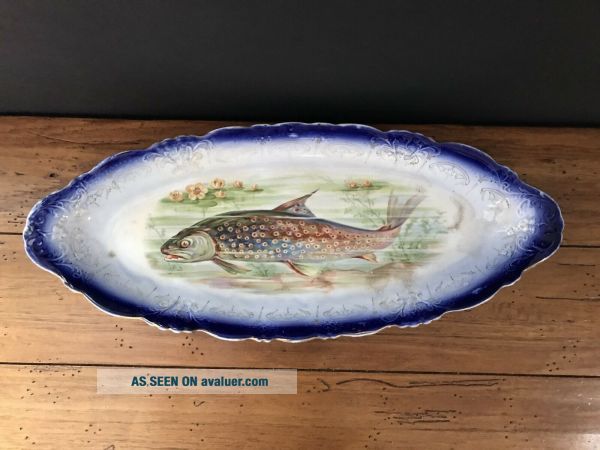 Flow Blue Porcelain Fish Platter Dish Serving Tray Glass Vintage ...