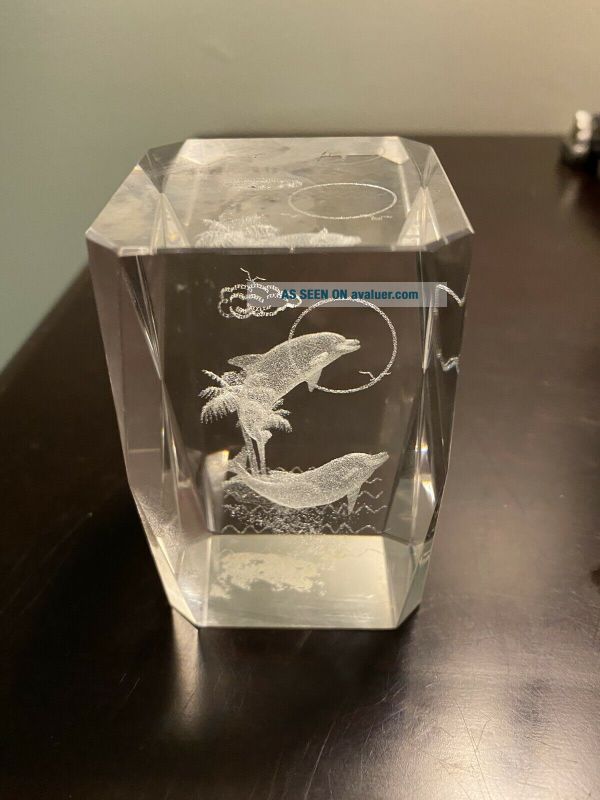 3D Laser Etched Dolphins Jumping In Ocean Clear Glass Cube Paperweight ...