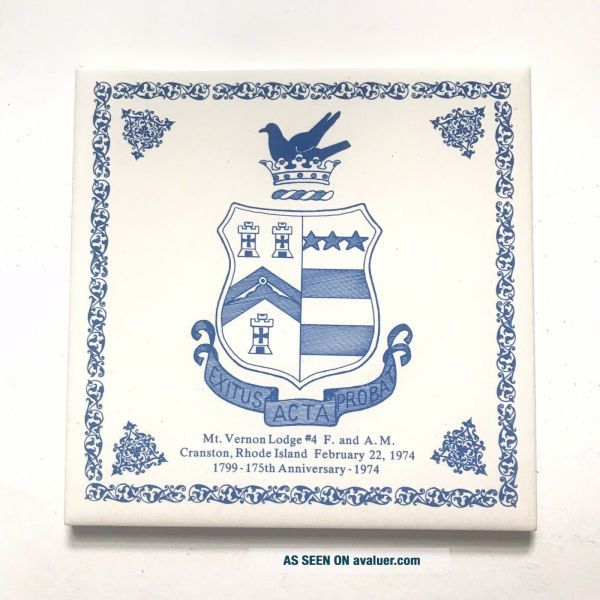 Masonic Grand Lodge Rhode Island Tile Trivet 1974 Freemason Blue White ...