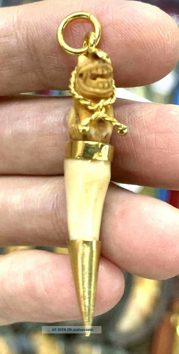 Antique Tiger Carved Thai Amulet Real Tooth Fang Power Gold SILVER ...