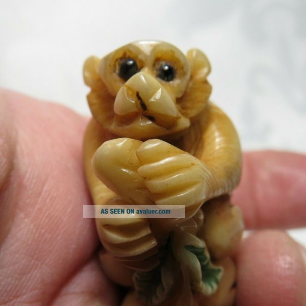 Signed Japanese NETSUKE Carved Tagua Nut Vegetable Ivory MONKEY FRUIT ...