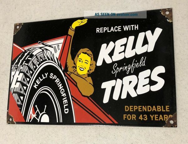 VINTAGE KELLY TIRES 11. 75 " PORCELAIN METAL GAS OIL SIGN | #48872906