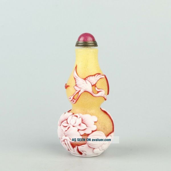 Chinese Exquisite Handmade Lotus People Crane Glass Snuff Bottle ...