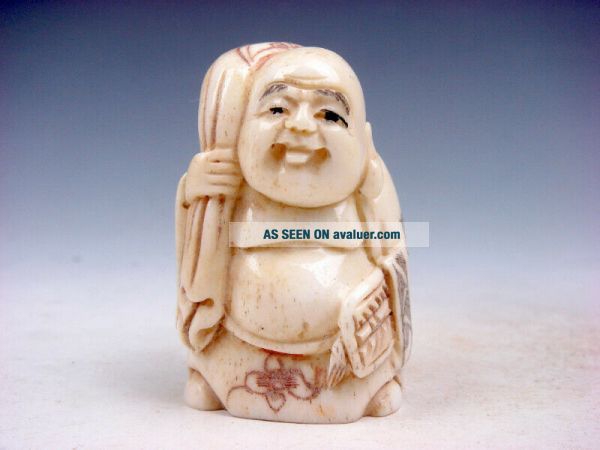 Japanese Detailed Hand Carved Netsuke Big Belly Monk Hold Fan Big Bag ...