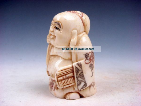 Japanese Detailed Hand Carved Netsuke Big Belly Monk Hold Fan Big Bag ...