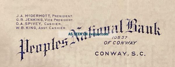 1924 Letterhead Peoples National Bank Of Conway South Carolina | #48970973