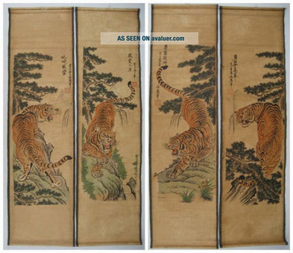 Chinese Painting Scroll Tiger Jiang Tingxi 4 Tigers Antique Paintingses ...
