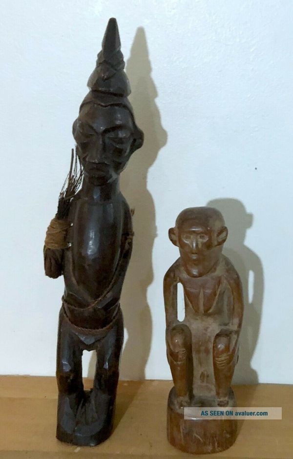 GROUP OF TWO VINTAGE AFRICAN CARVED WOOD STATUES - YAKA WARRIOR ...